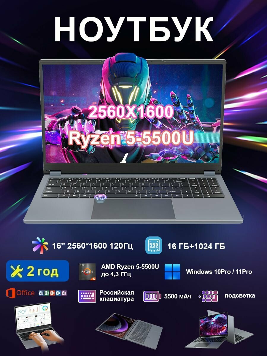 Ninkear Сверх-Сила A15 Pro+(Подходит для игр, подарков и работы) Игровой ноутбук 16", AMD Ryzen 5 5500U, RAM 16 ГБ, SSD 1024 ГБ, AMD Radeon, Windows Pro, серый металлик, Русская раскладка
