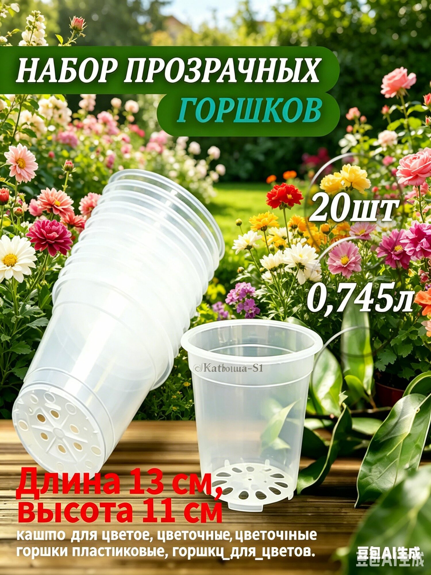 Горшок для цветов 0.74 л, 11 см, 20 шт, цвет прозрачный