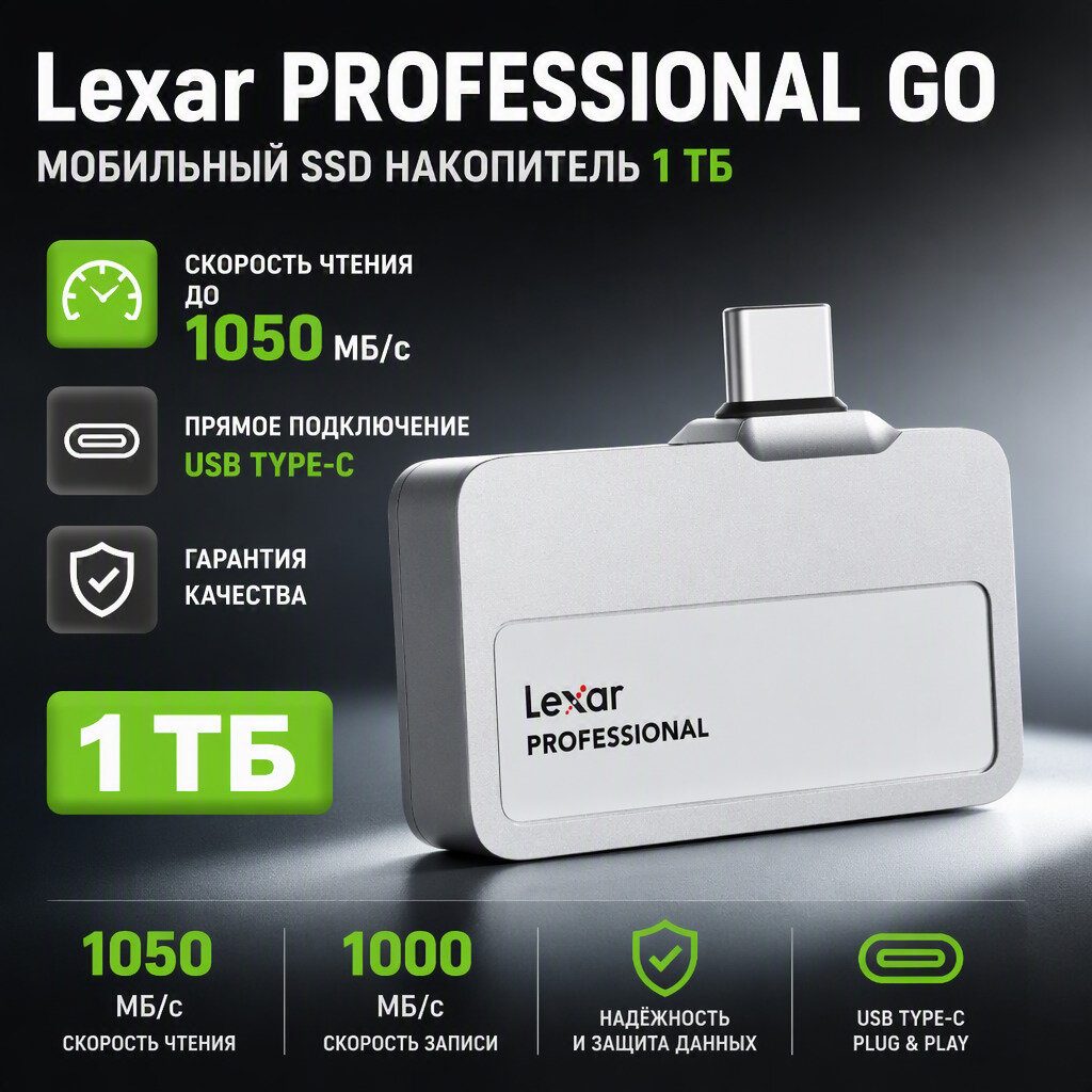 Жесткий диск Lexar Professional Go 1 ТБ, пыле- и влагозащищенный, серебристый 3.2 Gen 2 R/W 1050/1000 МБ/с, Mobile SSD