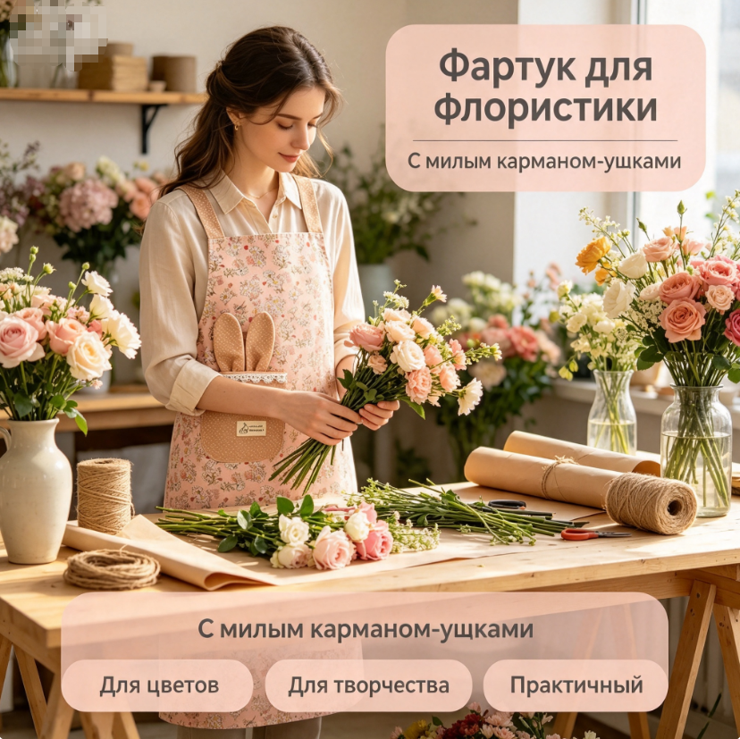 Женский фартук с цветочным принтом и карманом в виде ушек кролика, водоотталкивающий фартук для кухни, выпечки и