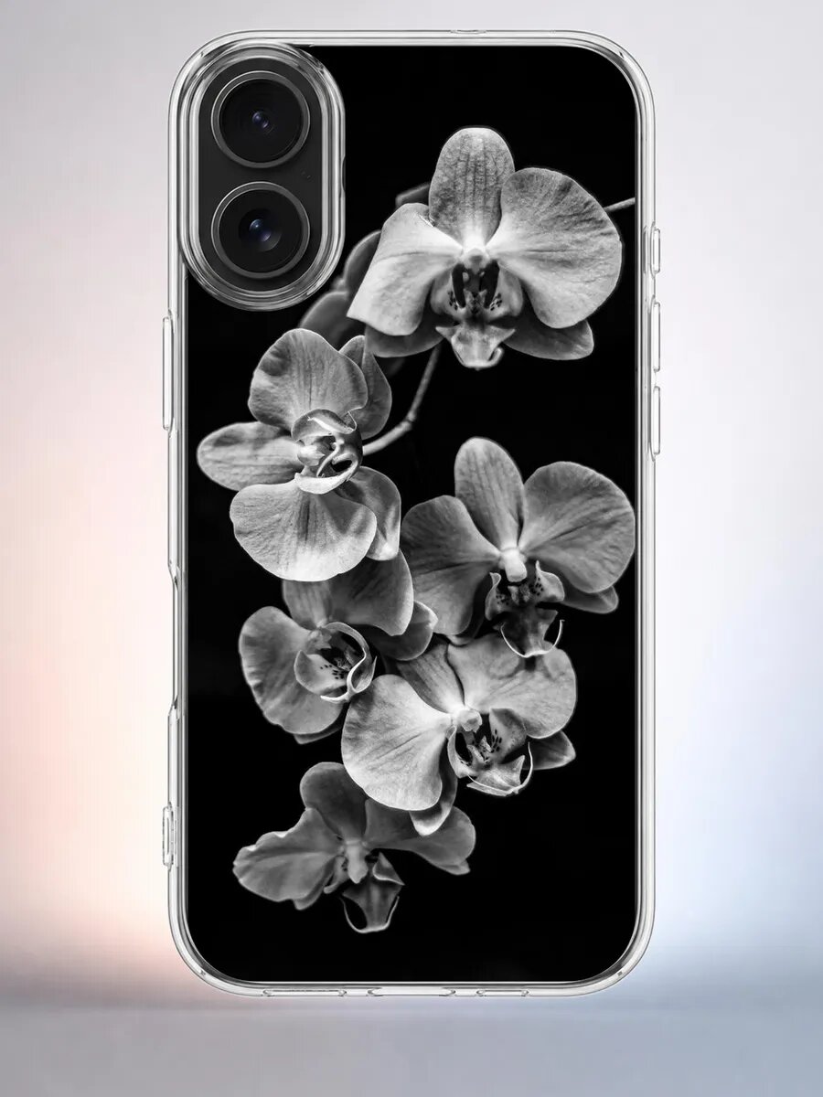 Чехол iPhone 16 орхидеи на чёрном силиконовый прозрачный