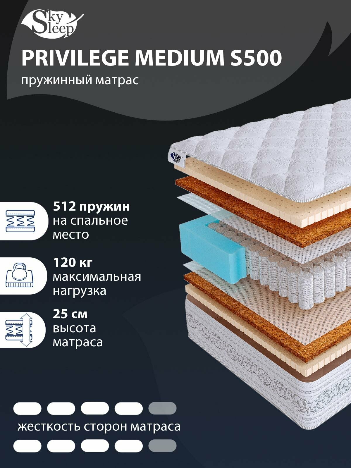Анатомический матрас с повышенным ортопедическим эффектом SkySleep PRIVILEGE MEDIUM S500 на кровать 70x200