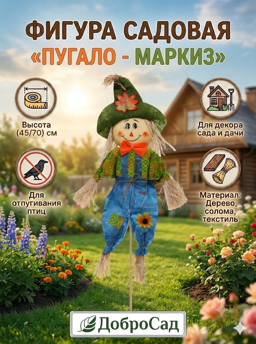Пугало огородное «Пугало-Маркиз», 45/70 см, текстиль и солома/ Декор для огорода и дачи / Отпугиватель птиц "ДоброСад"