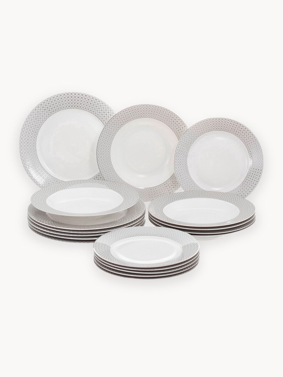 Набор посуды Подарочный WY Eternal, 18 предметов, 6 тарелок d=25.5 см, 6 тарелок d=20.5 см, 6 глубоких тарелок d=23 см, фарфор, белый