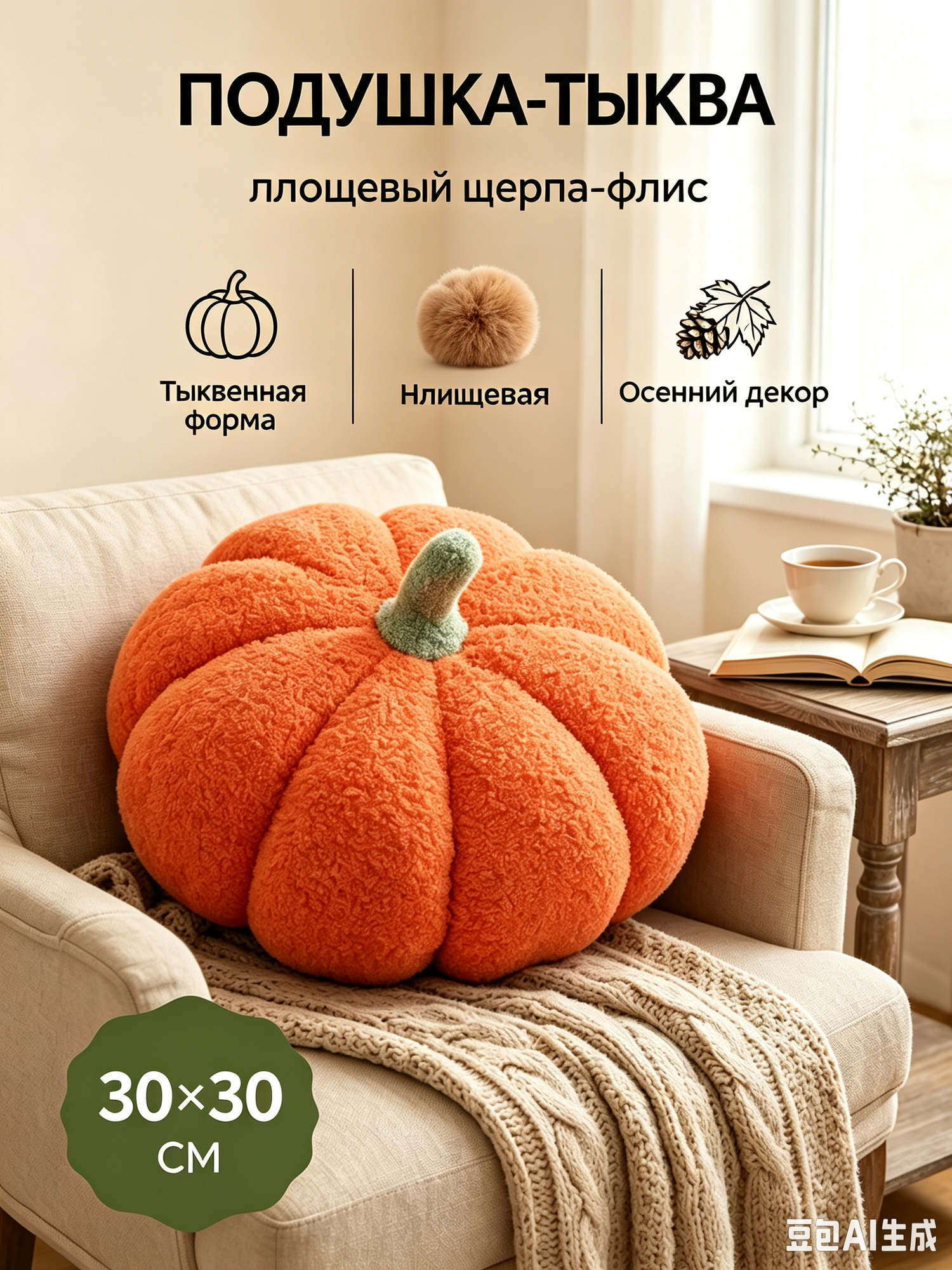 Декоративная подушка-тыква, плюшевый шерпа-флис, оранжевая, для осеннего декора и дивана, 30×30 см, 1 шт