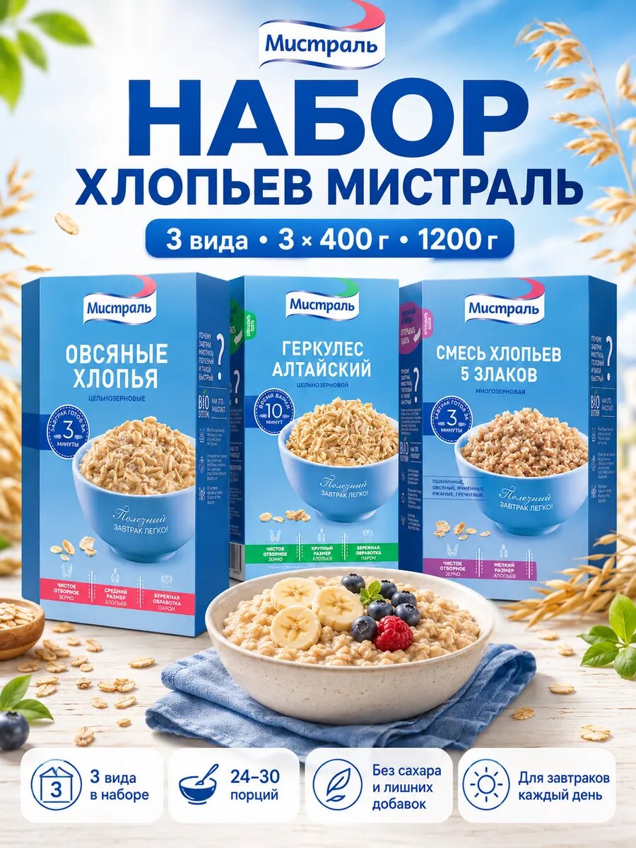 Набор хлопья овсяные Мистраль 3 упаковки по 400 г, всего 1200 г: Цельнозерновые, Геркулес Алтайский, 5 злаков, ассорти 3 вида для каши на молоке и воде, для завтрака
