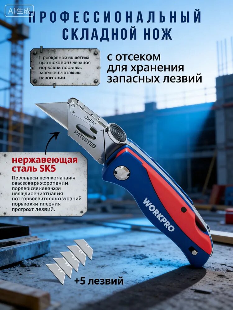 Нож строительно-ремонтный складной WORKPRO + 6 лезвий, Китай