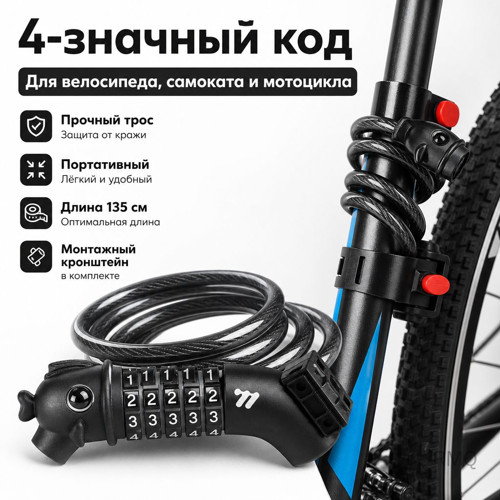 Велосипедный кодовый замок с тросом и рисунком рыбы