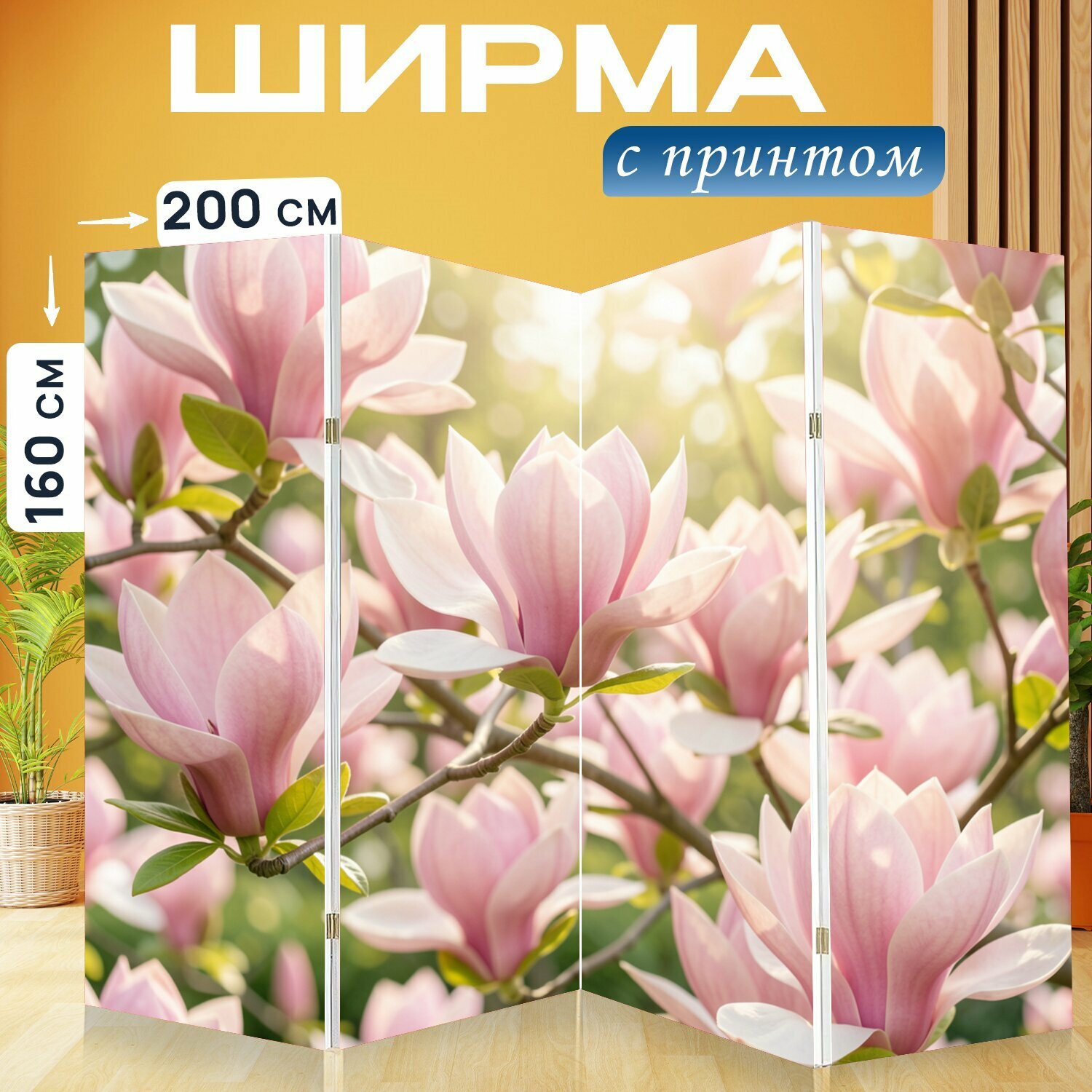 Ширма "Розовые магнолии в цвету. Нежные весенние соцветия на ветвях в мягких пастельных оттенках, солнечный." перегородка для зонирования комнаты с принтом 200x160 см. на холсте