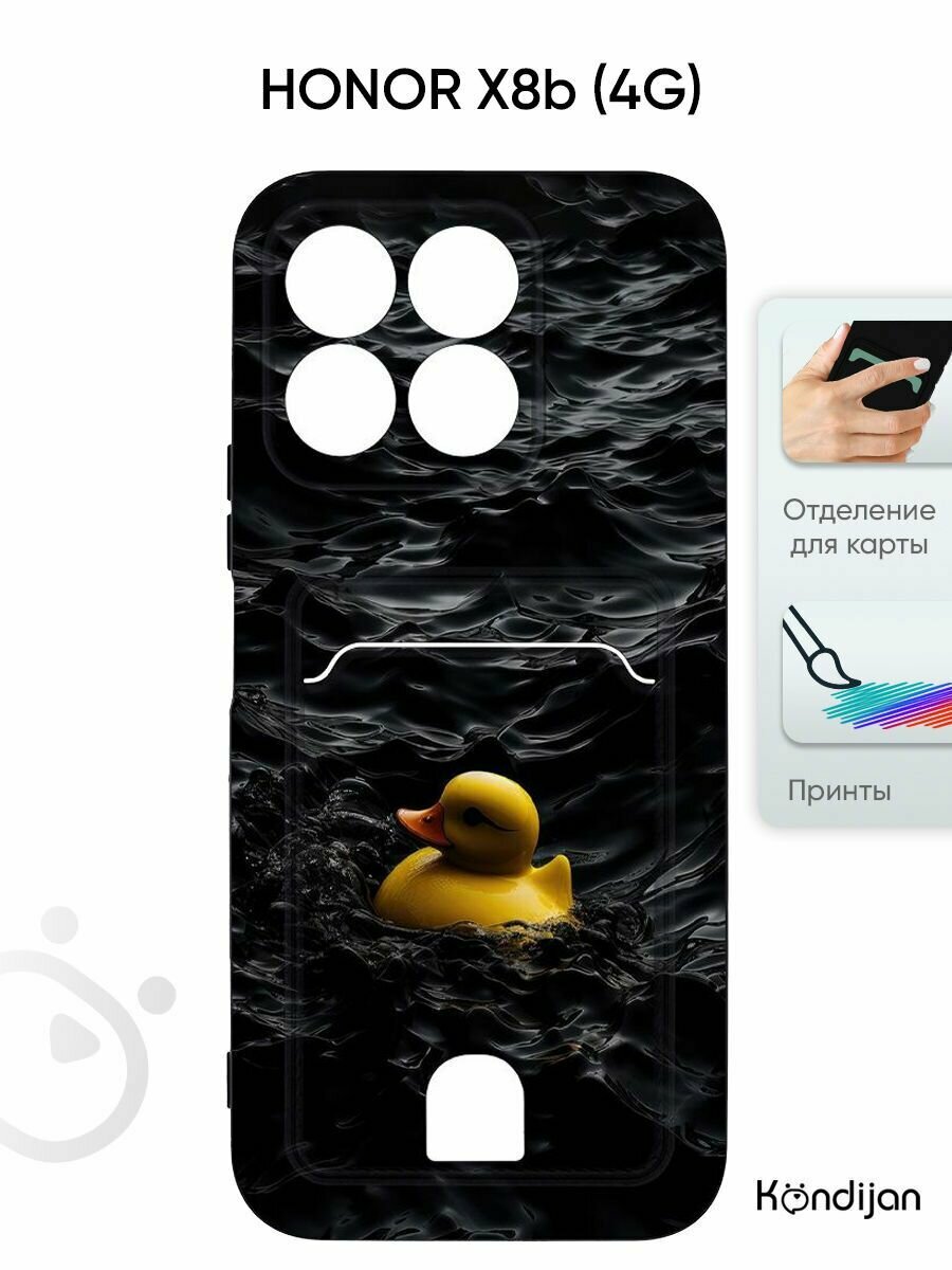 Чехол на Honor X8b 4G с карманом, покрытие soft-touch, с защитой камеры, черный с принтом утка море / Хонор Х8b