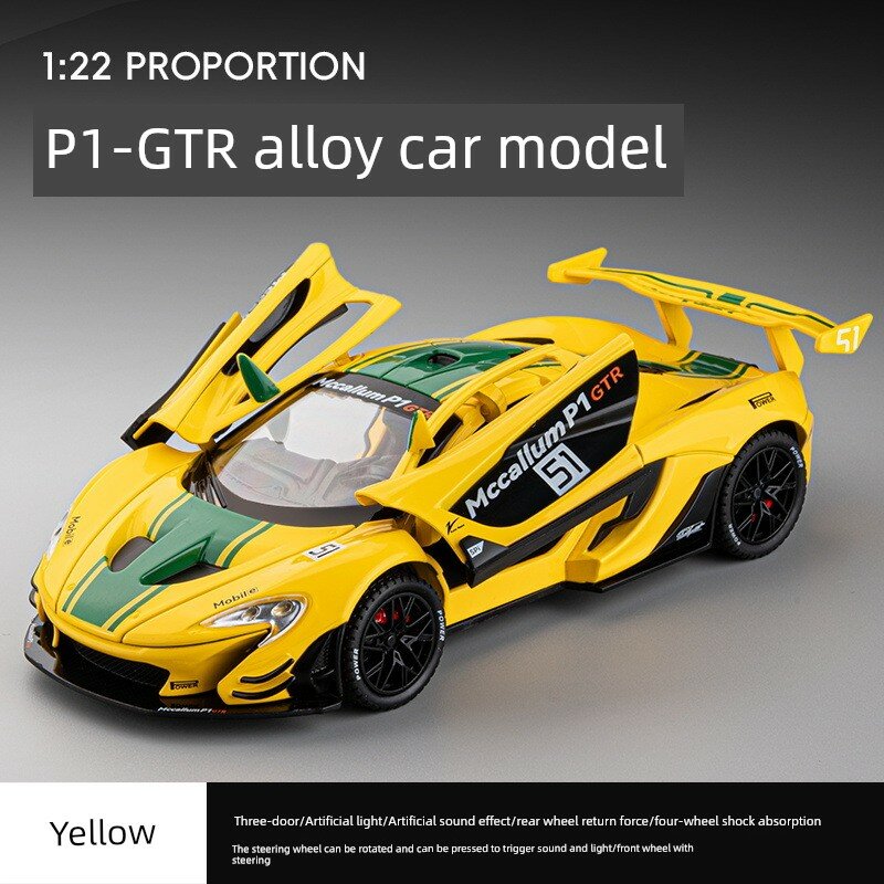Модель автомобиля McLaren P1 GTR в масштабе 1:22, желтая, подлинная алюминиевая коллекционная игрушка