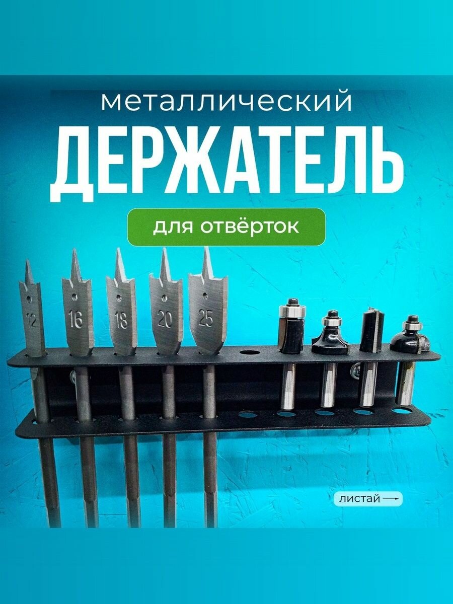 Металлический настенный держатель на 10 предметов для отверток, фрез, перьевых сверел, для бит с торцевой головкой от шуруповерта