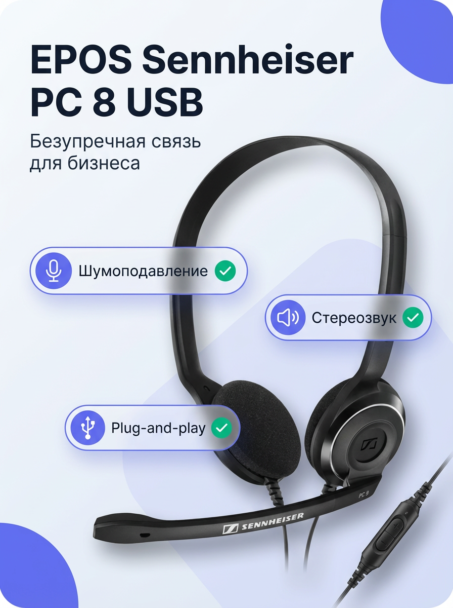 Sennheiser PC 8 USB (шнур 2м, с регулятором громкости)