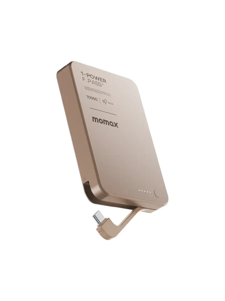 Повербанк MOMAX F. Pass+, 10000 мА·ч, встроенный кабель Type-C, защита от перегрева, бронзовый