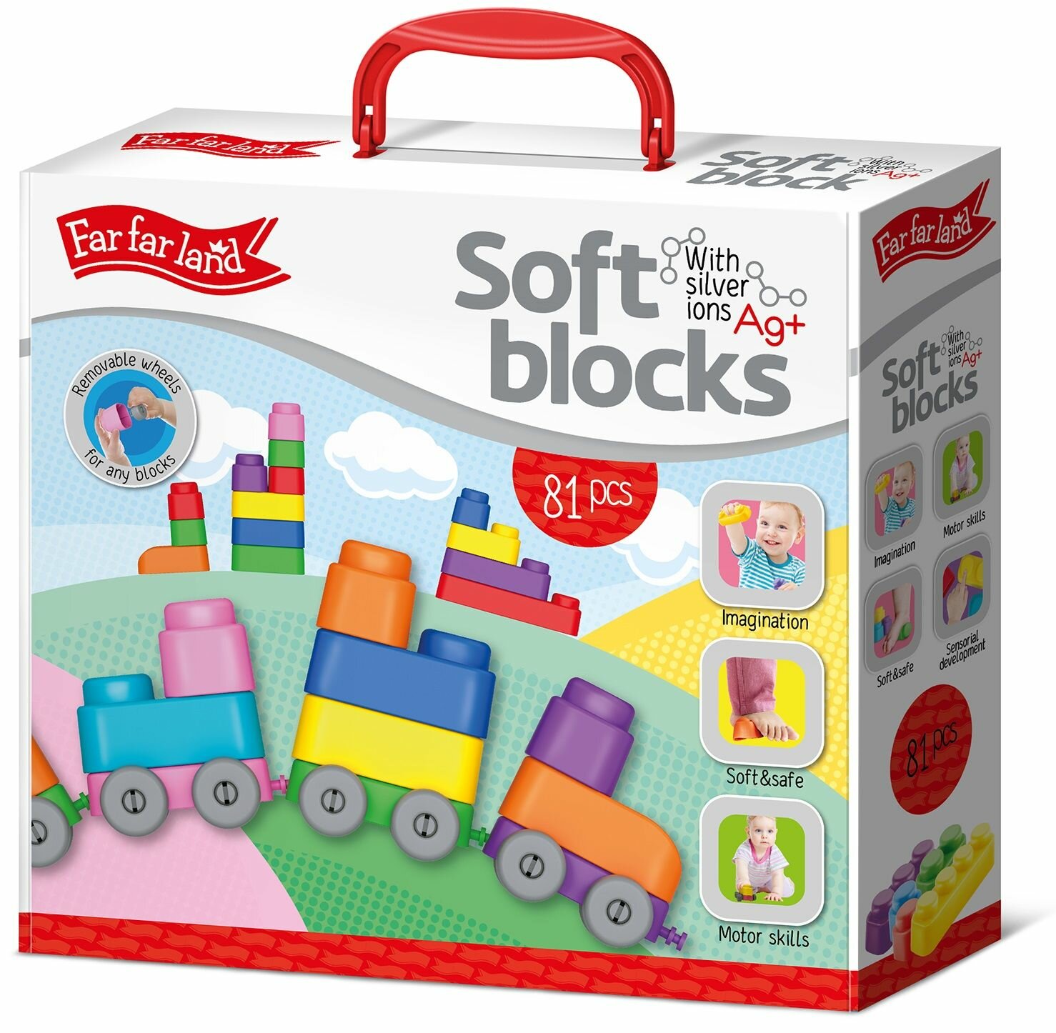 Развивающая игра для малышей мягкие кирпичики, 81 деталь с ионами серебра и колесиками (мягкий детский крупный конструктор для маленьких) - Десятое королевство