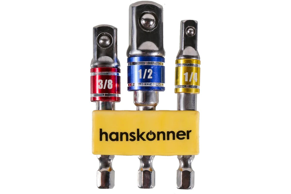 Набор адаптеров для торцевых головок Hanskonner HK1041-04-S3AD из CrV 1/4" DR, 3/8" DR, 1/2" DR с прямой держателем бит и квадратным наконечником