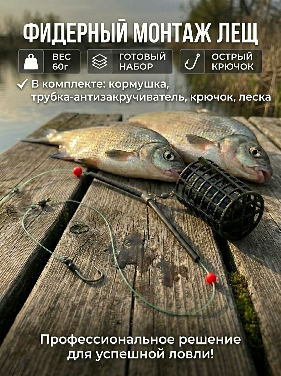 Оснастка фидерная Лещ, монтаж рыболовный, донка. Кормушка 60 г, шнур 0,15, крючок №8.
