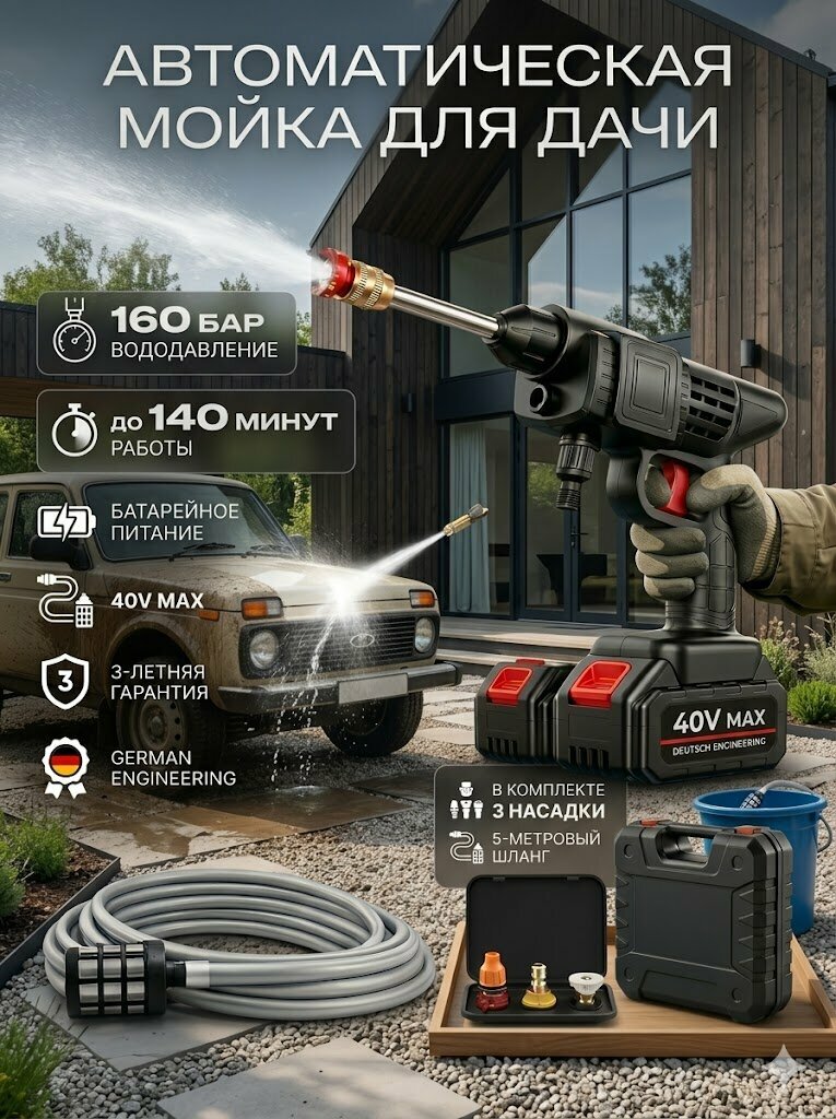 Мойка высокого давления, с фильтрами, 1000Вт, 30 бар, 2 аккумулятора