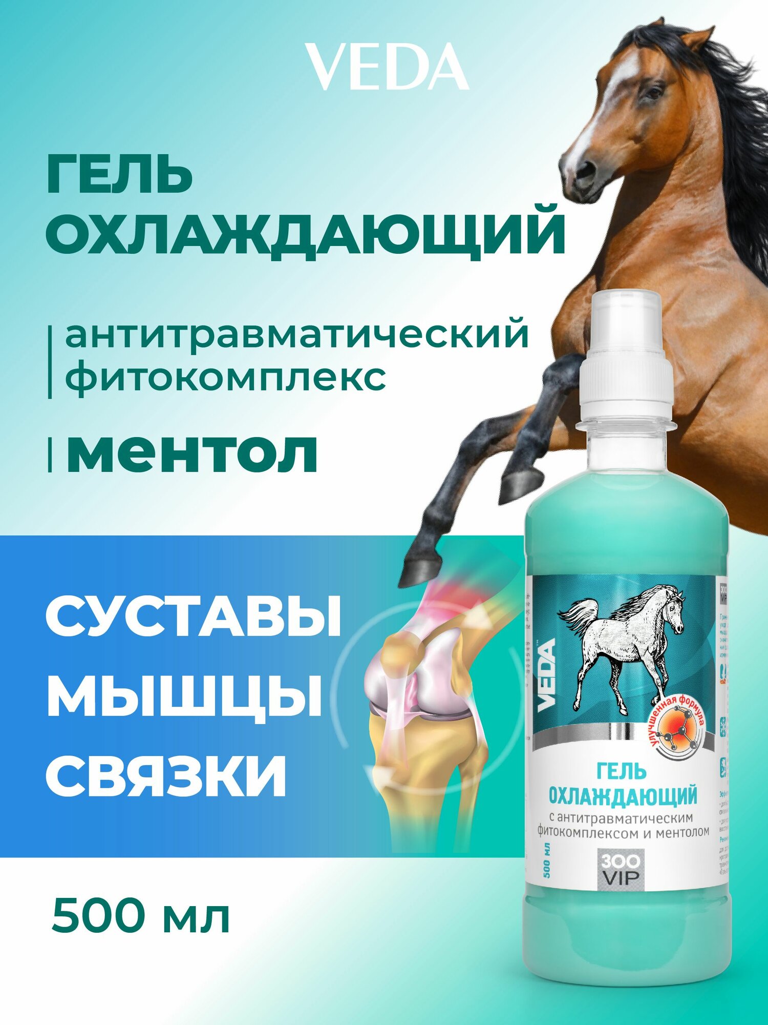 Гель охлаждающий с антитравматическим фитокомплексом и ментолом для мышц, связок, суставов, сухожилий, ЗооVIP, VEDA, 500 мл охлаждающий гель для мышц гель для связок гель для суставов ветеринарный