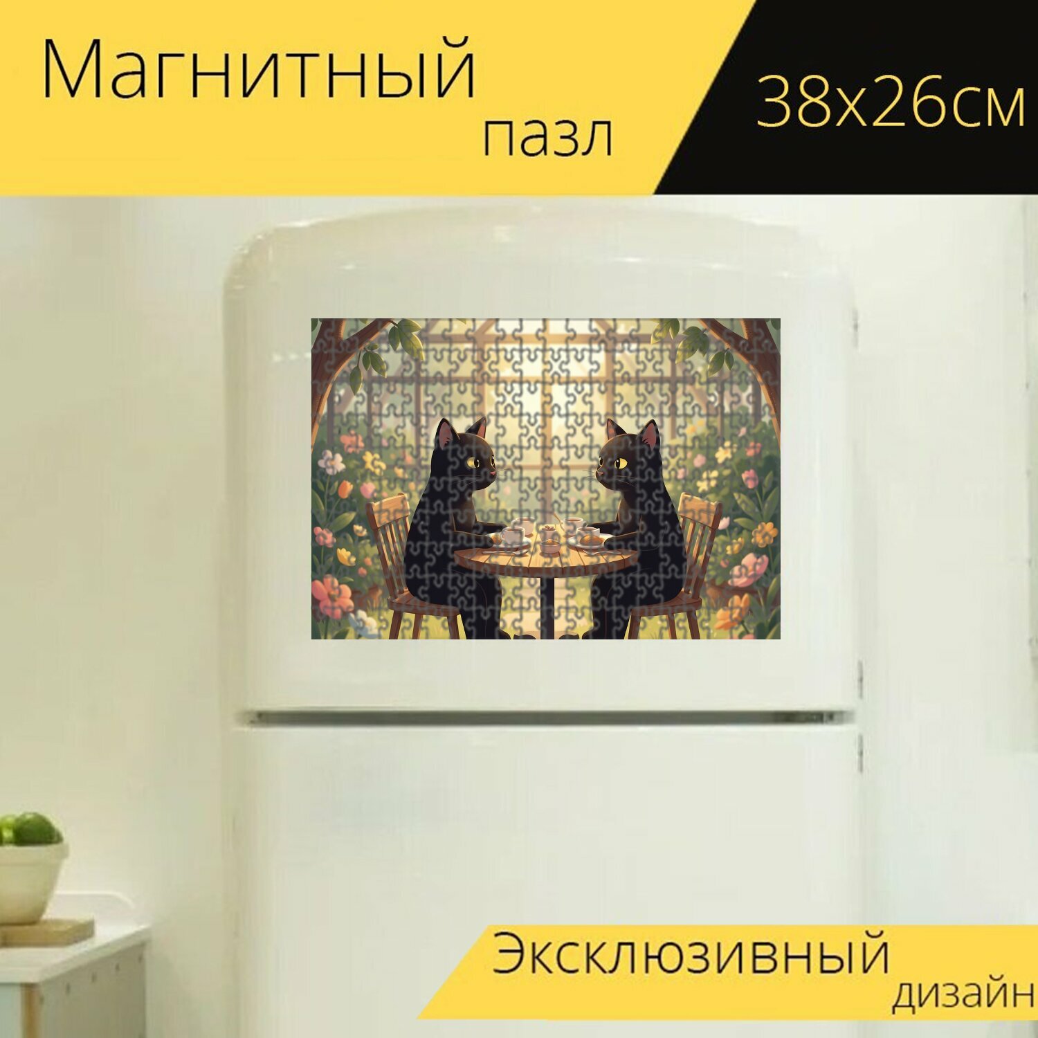 Магнитный пазл "Два черных кота за чаепитием. Уютная иллюстрация с парой черных котов, сидящих друг напротив друга за круглым столом в цветущем саду. Мягкий." для интерьера, 38х26 см.