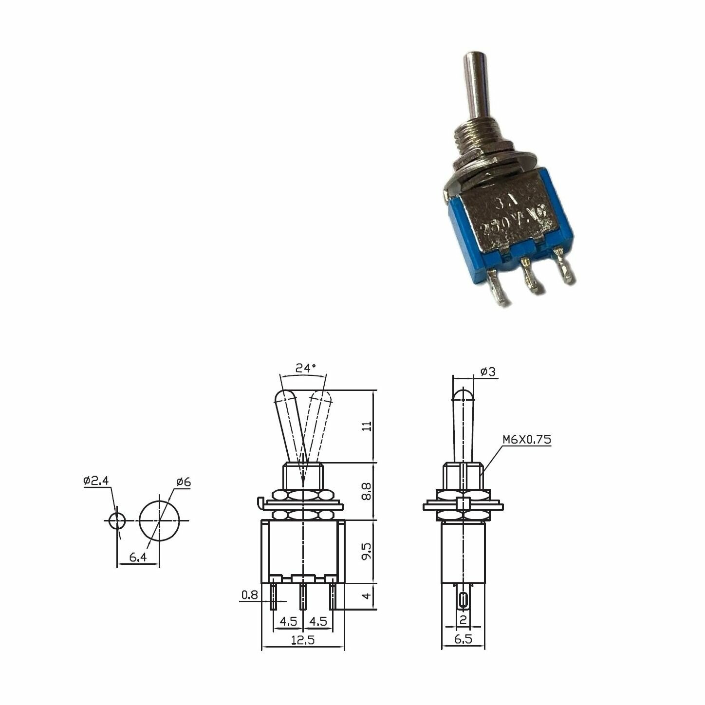 Микротумблер STM-102 типа STM 250 В 3 А, схема переключения on-on