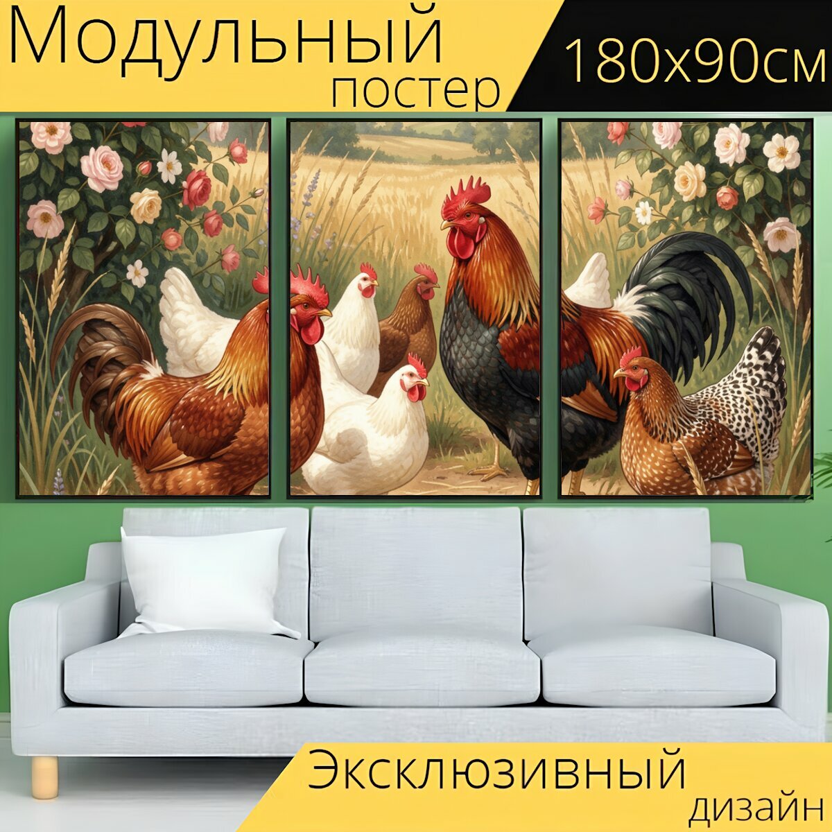 Модульный постер "Петухи и куры в саду. Сельская сцена с домашними птицами и пушистыми цыплятами среди цветущих роз, колосьев и." 180 x 90 см. для интерьера на стену в тубусе