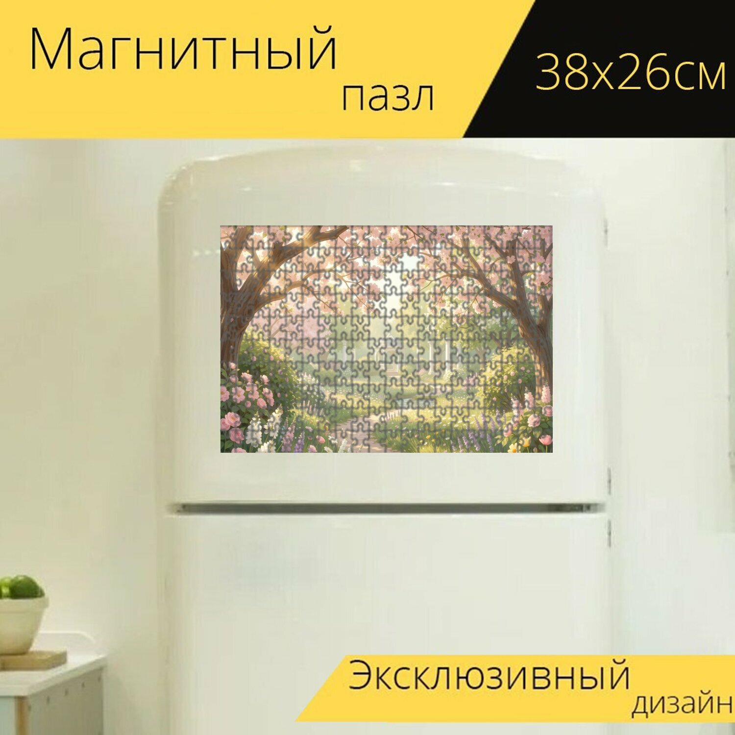 Магнитный пазл "Весенний сад с беседкой. Цветущая аллея под кронами сакуры, извилистая тропинка, нежные розовые бутоны, пастельная иллюстрация в романтичной." для интерьера, 38х26 см.