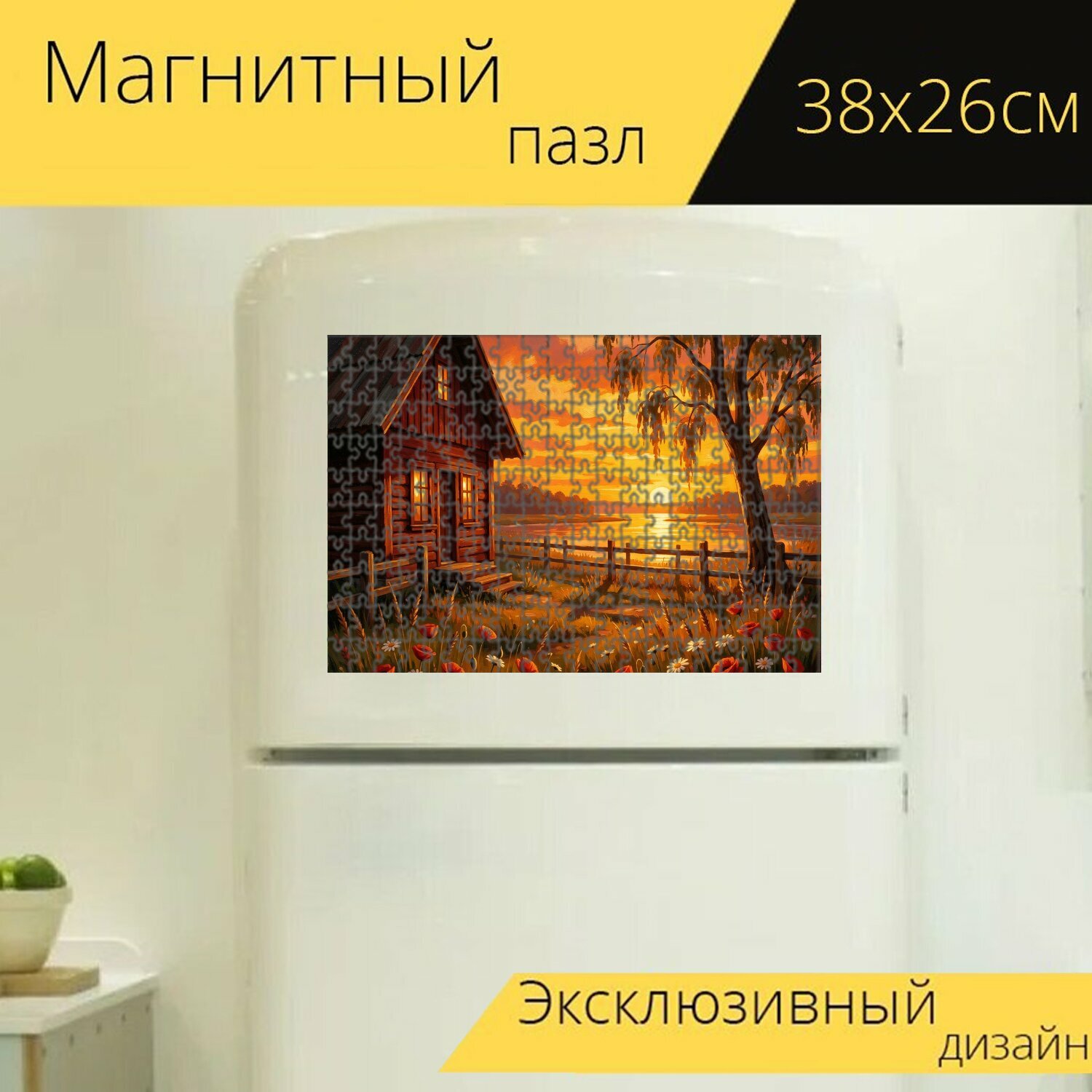 Магнитный пазл "Деревенский дом у реки на закате. Уютная деревянная избушка на берегу водоема, золотой вечерний свет, плакучая ива, полевые маки и ромашки." для интерьера, 38х26 см.