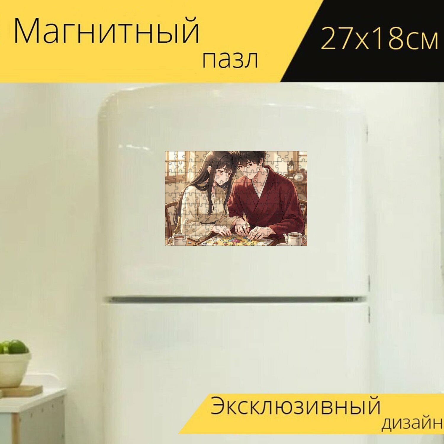 Магнитный пазл "Влюбленная пара за настольной игрой. Аниме-иллюстрация юноши и девушки в традиционных кимоно, собирающих пазл за столом. Теплый." на холодильник 27 x 18 см.