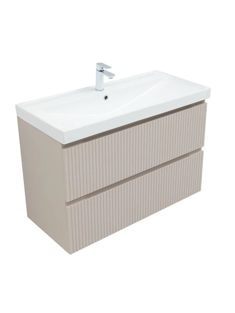Тумба с раковиной Aquanet Джейн (Flat) 100 подвесная, 101,5 см, бежевая, матовая, из МДФ, с ящиками, раковина для ванной, фаянсовая, прямоугольная, встроенный слив-перелив
