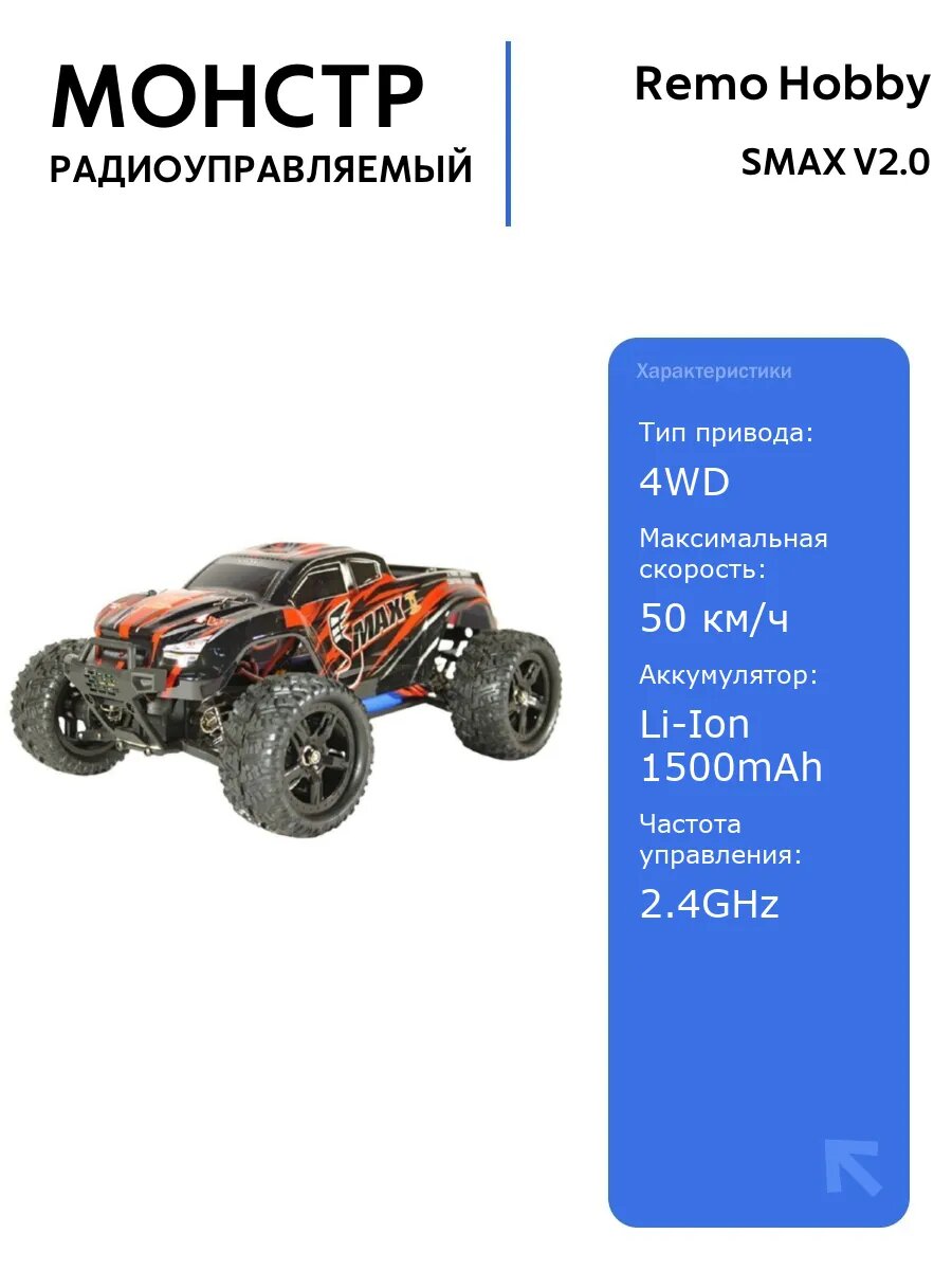 Радиоуправляемый монстр Remo Hobby SMAX V2.0 (красный) 4WD 2.4G, скорость до 50 км/ч, полный привод, масштаб 1:16