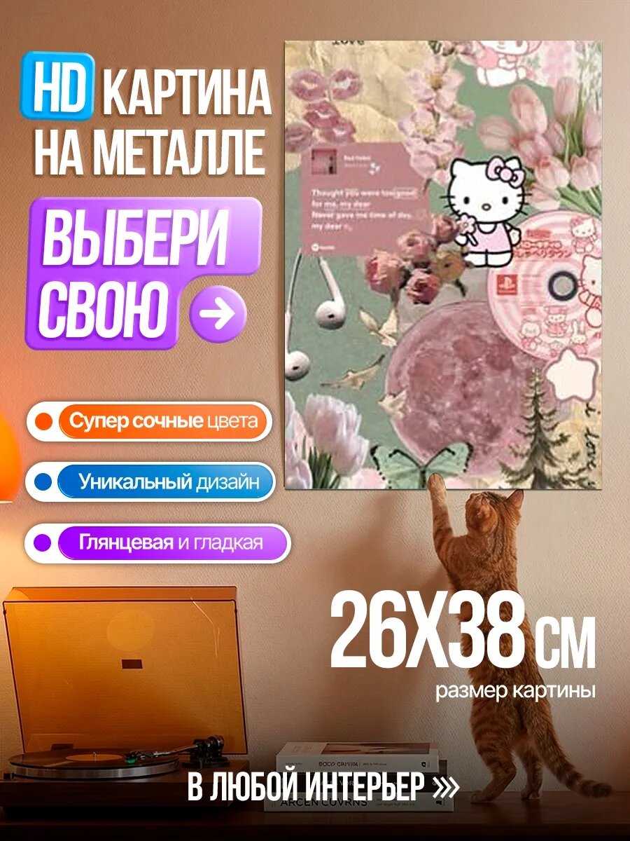 Картина на HD металле Хелло Китти цветы