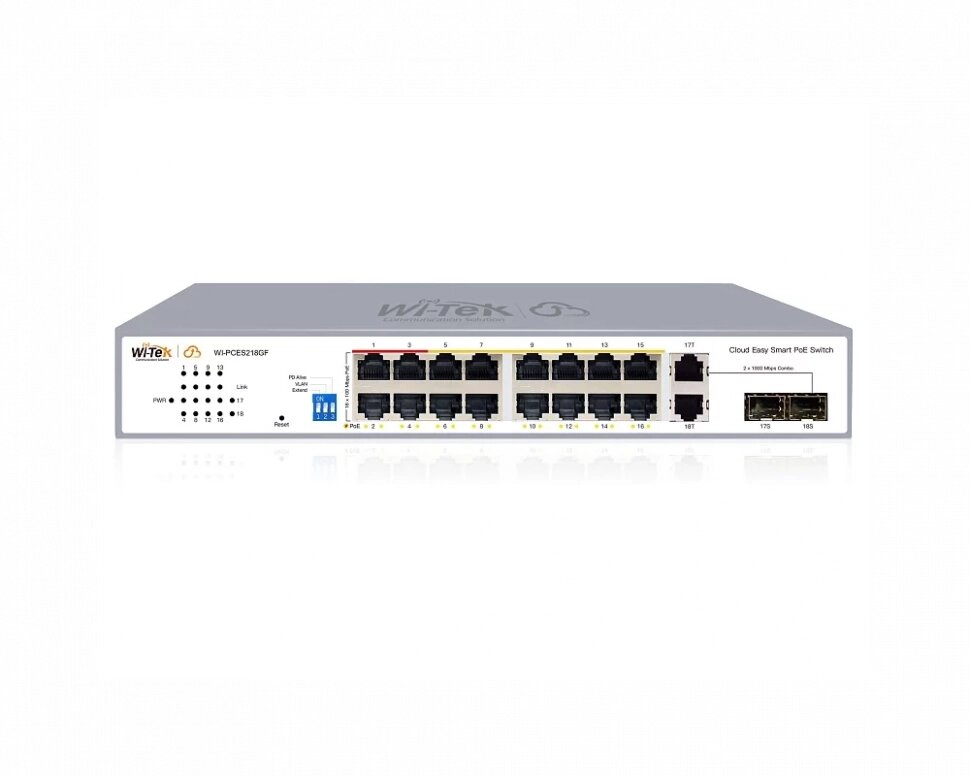Настраиваемый коммутатор Wi-Tek WI-PCES218GF с PoE, бюджет 250 Вт, порты 16FE PoE, 2 Combo GE/SFP, Easy Smart