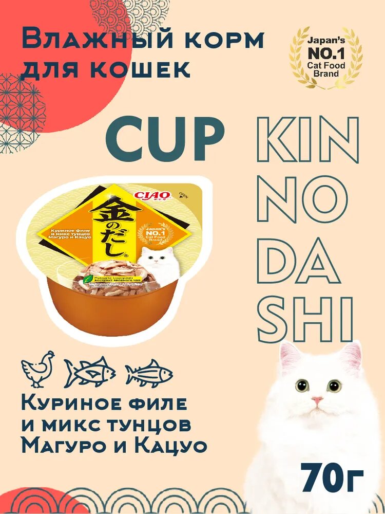 Влажный корм для кошек Inaba Kinnodashi Cup, Куриное филе, тунец Кацуо, тунец Магуро, кусочки в желе, 1 шт х 70 гр