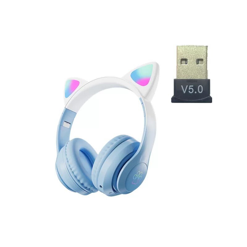 Беспроводные наушники с кат-ухом и подсветкой, небесно-голубой цвет и USB-приемник для игр и прослушивания музыки