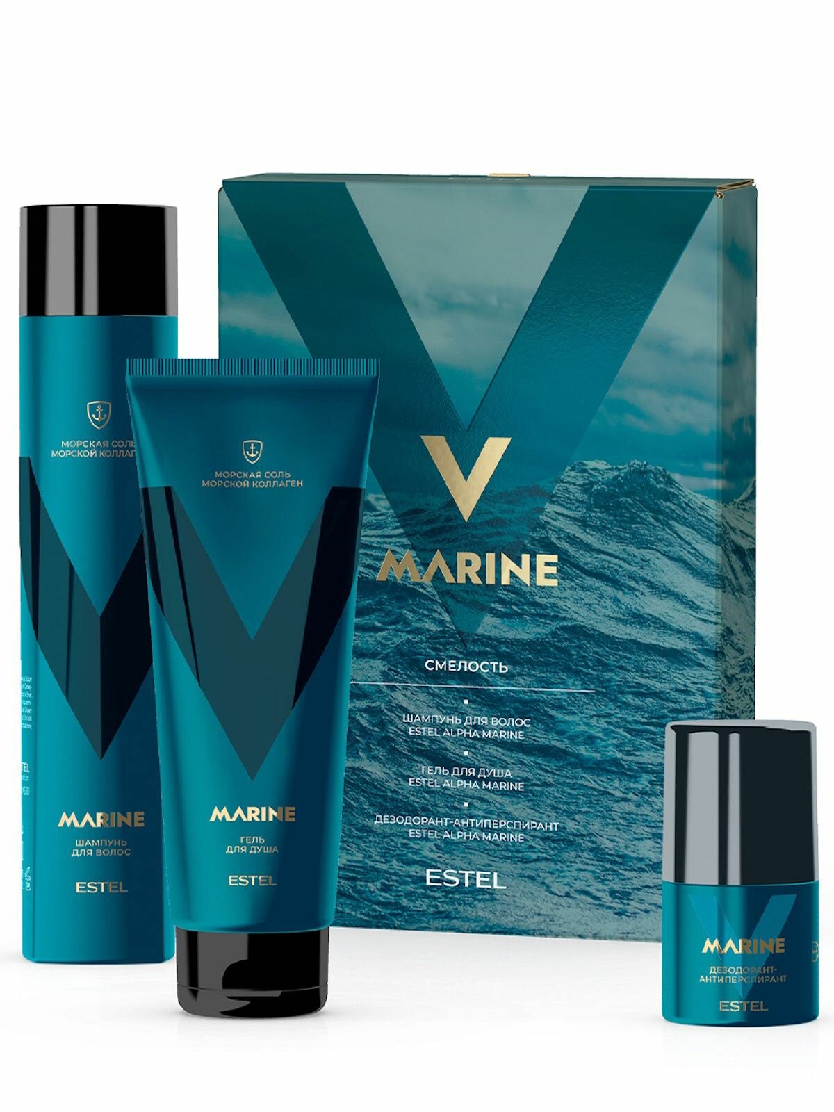 ESTEL PROFESSIONAL Подарочный набор профессиональной уходовой косметики для мужчин ALPHA MARINE смелость: шампунь для волос + гель для душа + дезодорант для тела, 300+250+50 мл