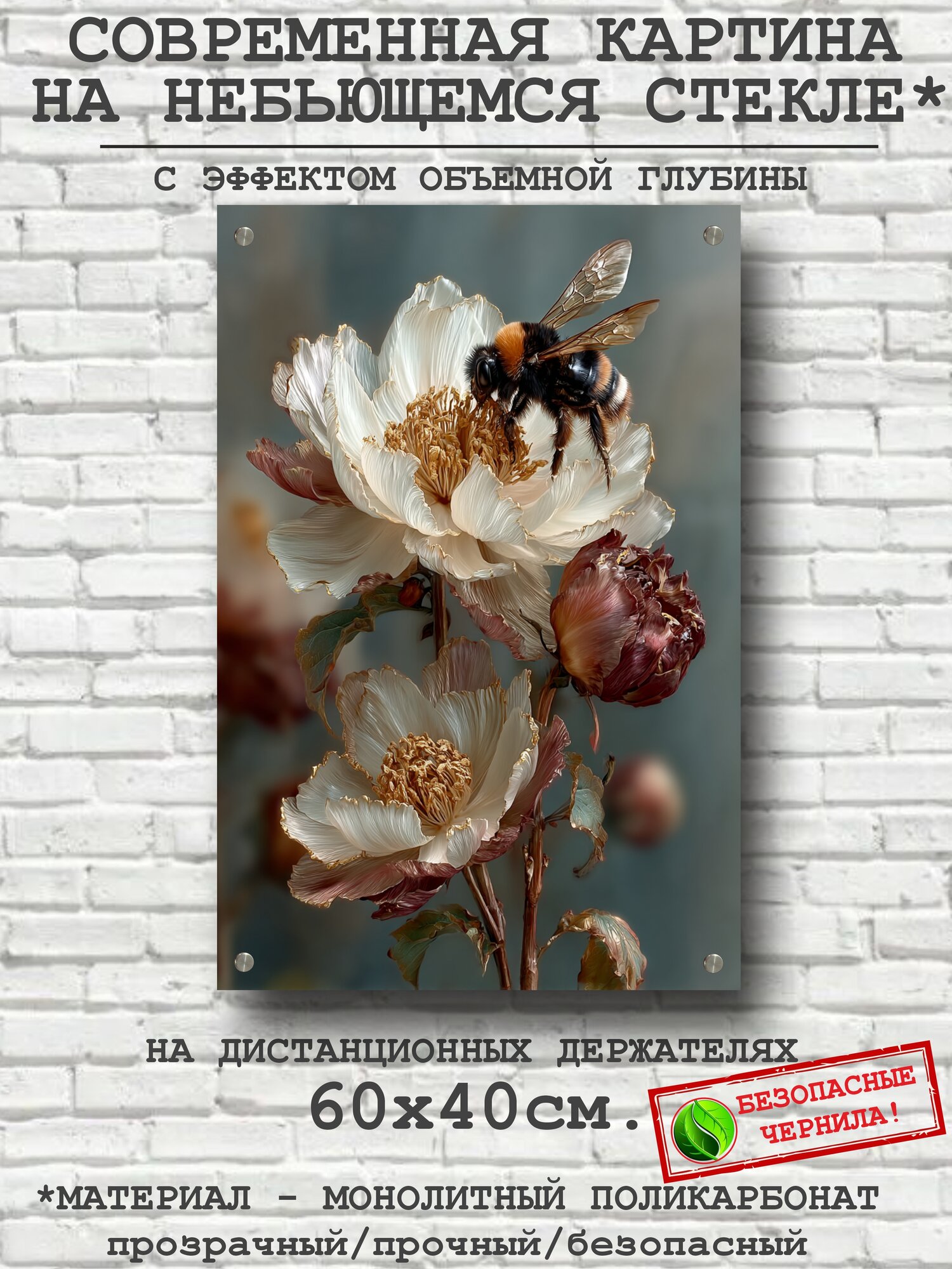 Картина на стекле Цветы и шмель 60x40 см. Небьющаяся. Современная