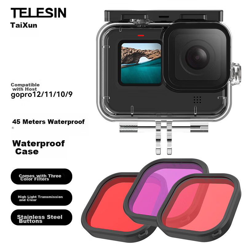 TELESIN Водонепроницаемый чехол для GoPro 13-9 с защитой 45м и 3-х фильтров для экшн-камер Цвет：Чехол с 3-цветным