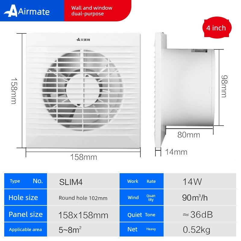 Настенный вытяжной вентилятор Airmate SLIM4 4 дюйма для ванной и кухни, тихий, с жалюзи, диаметр отверстия 102 мм