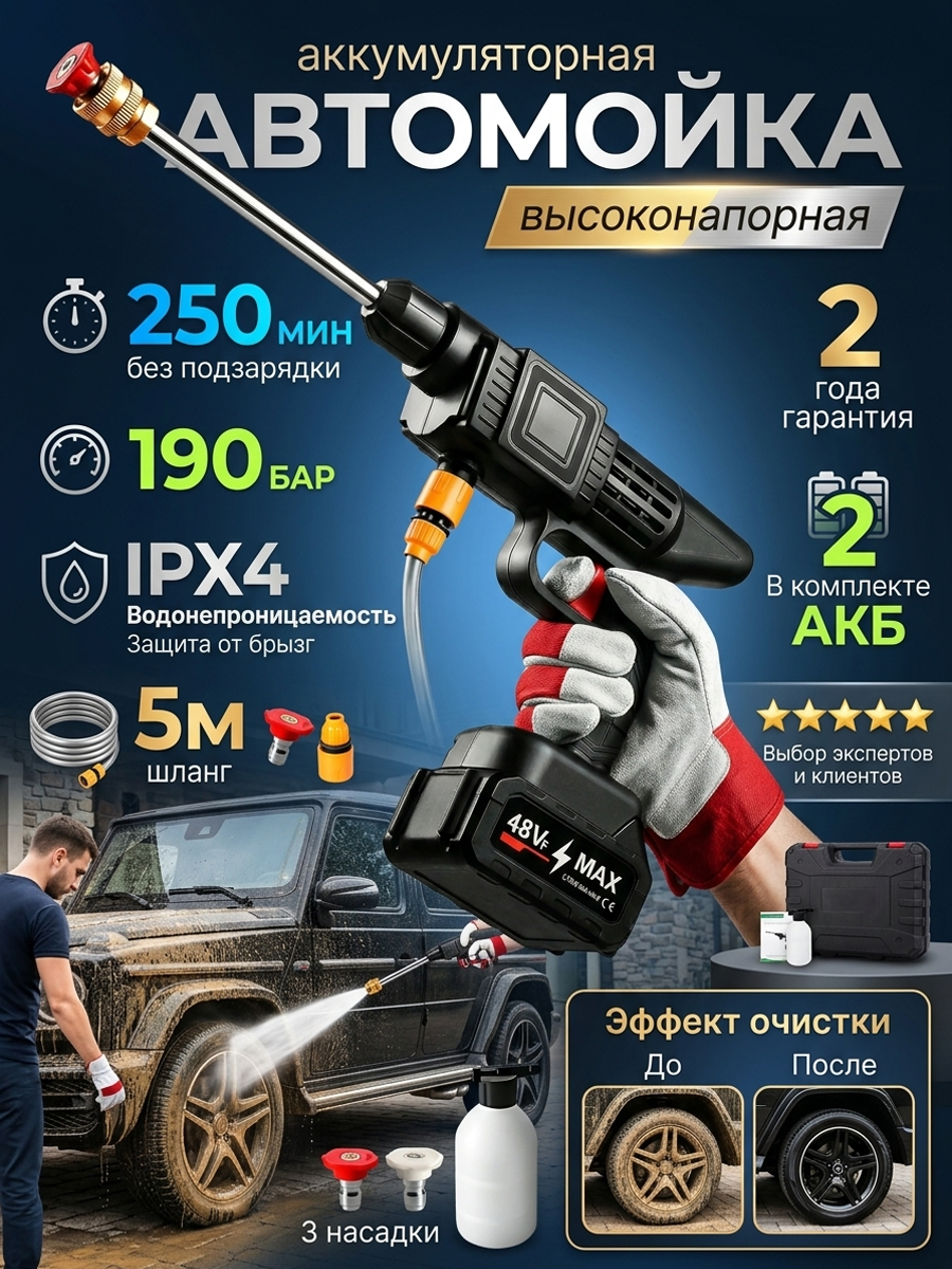 Аккумуляторная автомойка , высокого давления , для автомобиля в кейсе, 2 аккумулятора, минимойка с пенообразователем