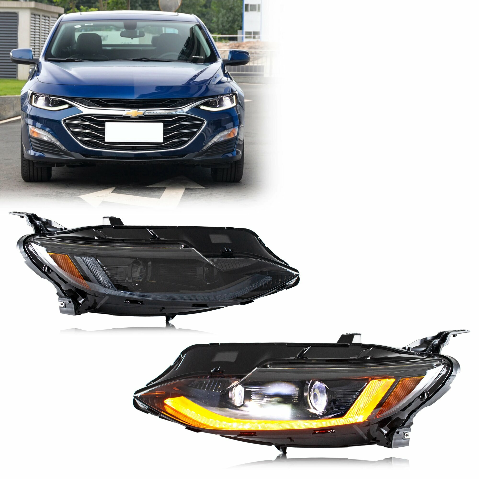 Фаркопы с светодиодными фарами для Chevrolet Malibu Chevy 2019-2025 LT LS DRL Проектор Секвенциальный сигнал Черный корпус Передние фары Комплект