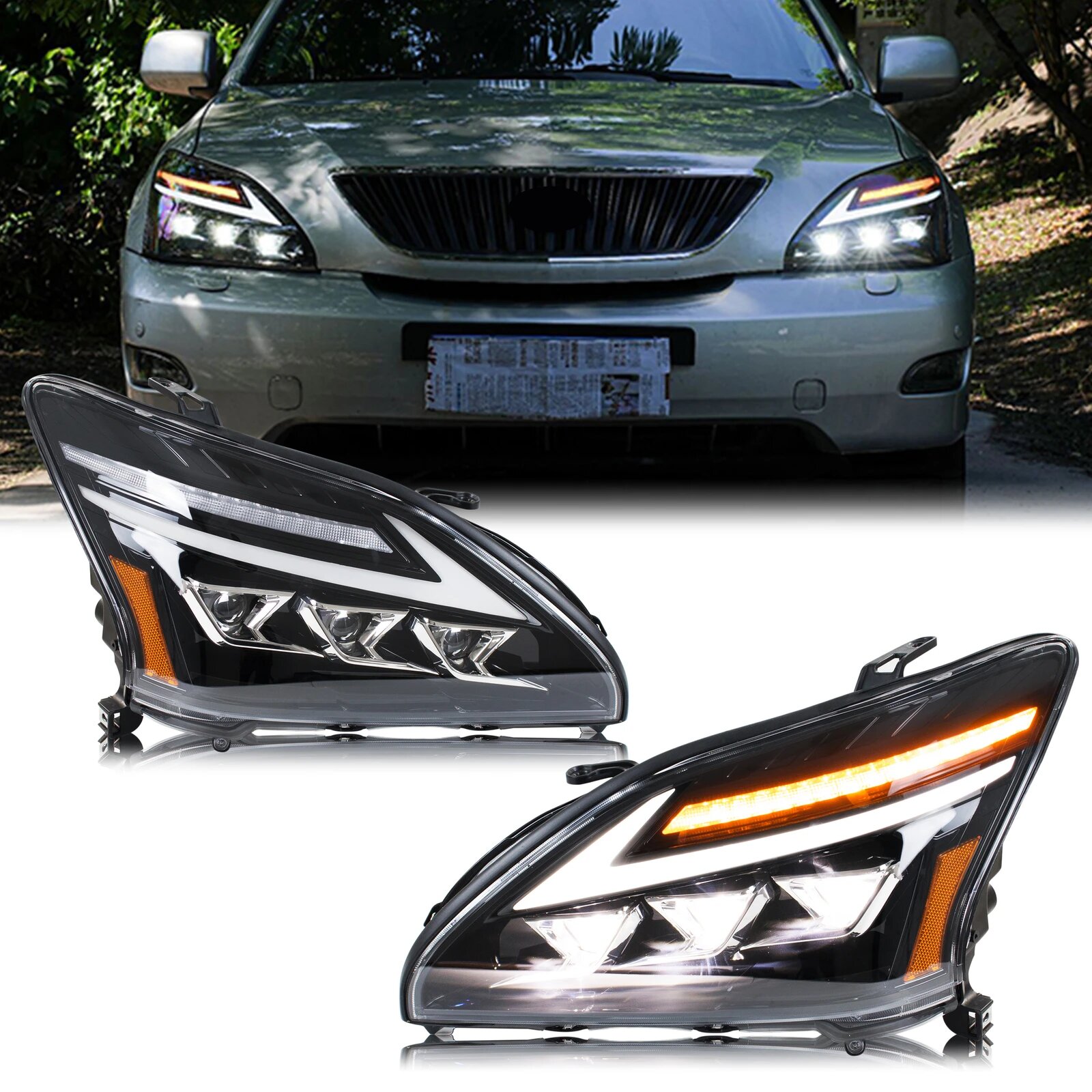 Фаркопы светодиодных фар для Lexus RX330 RX350 RX400h 2004-2009 с дневными ходовыми огнями, проекторами и последовательными поворотниками [Не подходит для AFS]