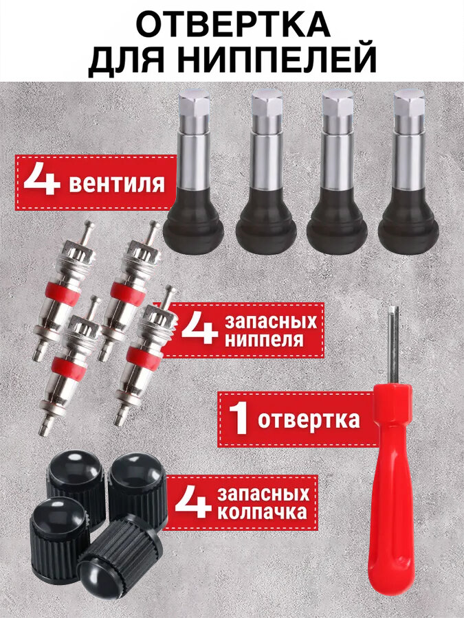 Вентиль для бескамерных шин — ниппель, отвертка для ниппелей и колпачки, комплект для легковых шин с золотниками