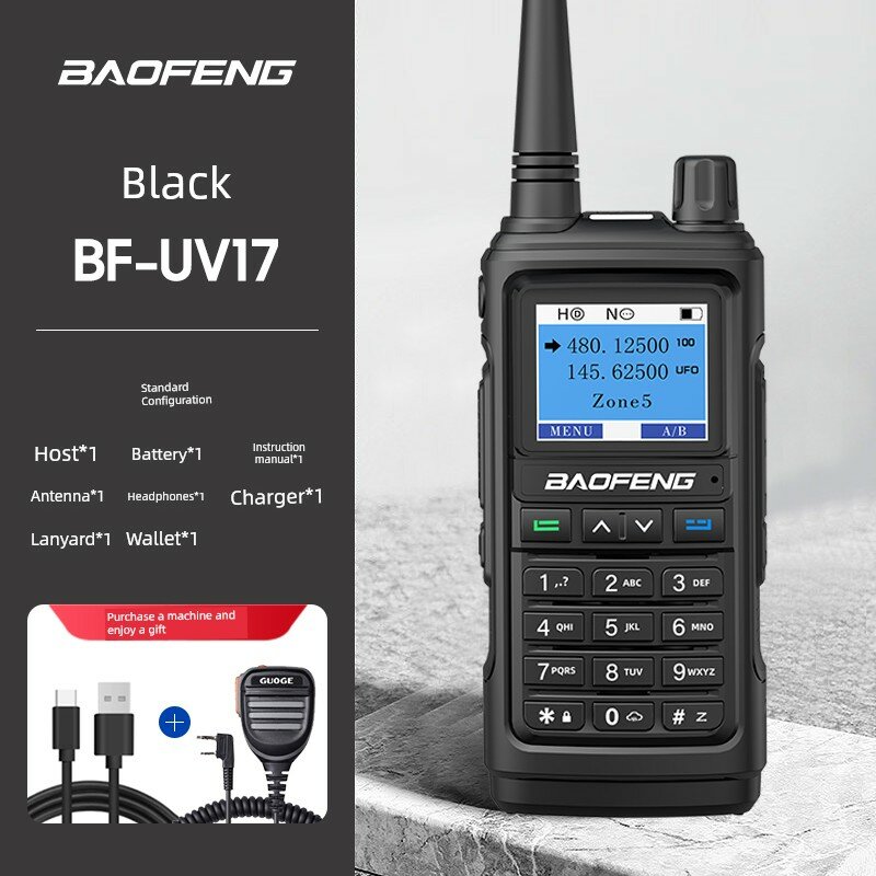 BaoFeng UV Двухдиапазонная Портативная Двухсторонняя Радиостанция с Зарядкой через Type-C и Микрофоном - Черный