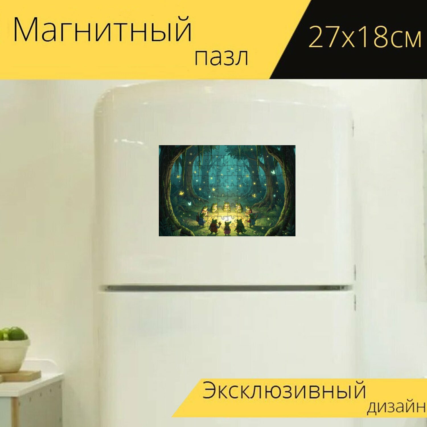 Магнитный пазл "Лягушки у светящегося круга в лесу. Фантазийная сказочная поляна в тёмном тропическом бору: лягушки и лесные огоньки вокруг сияющего." на холодильник 27 x 18 см.