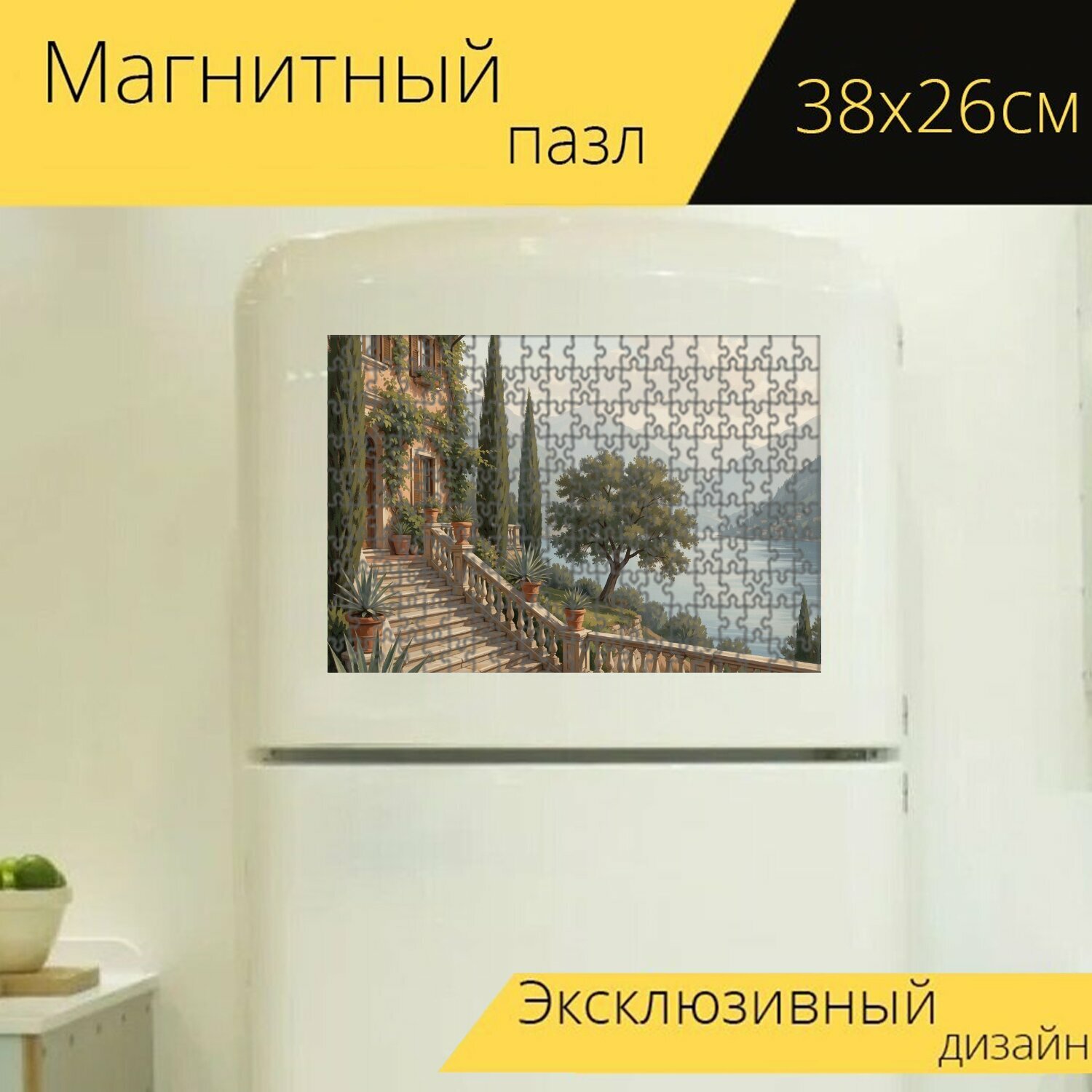 Магнитный пазл "Итальянская вилла у озера. Средиземноморский дворик с каменной лестницей, террасой, кипарисами и зеленью, на фоне спокойной водной глади и." для интерьера, 38х26 см.