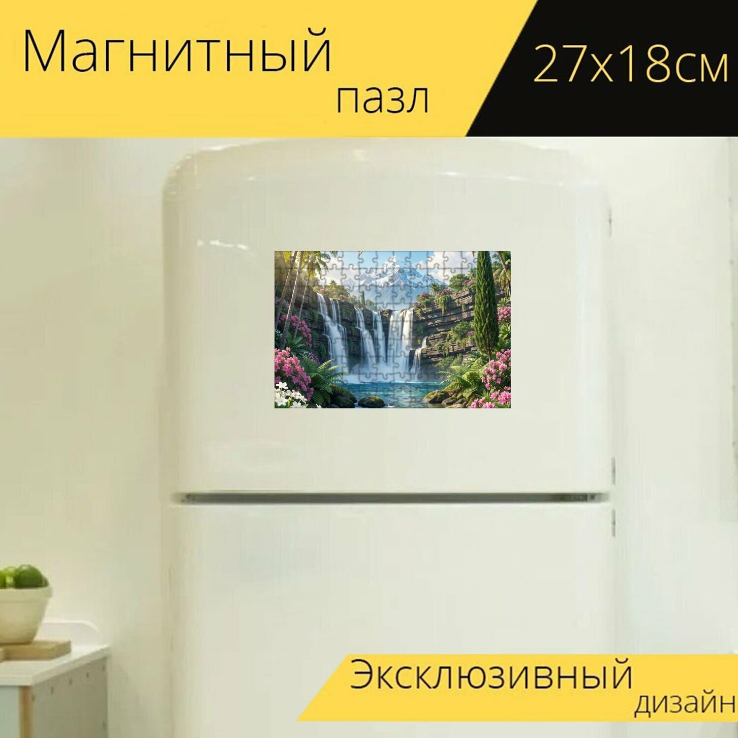 Магнитный пазл "Тропический водопад у гор. Живописная экзотическая сцена с каскадами воды, пальмами, цветущими кустами и снежной вершиной вдали. Яркая." на холодильник 27 x 18 см.