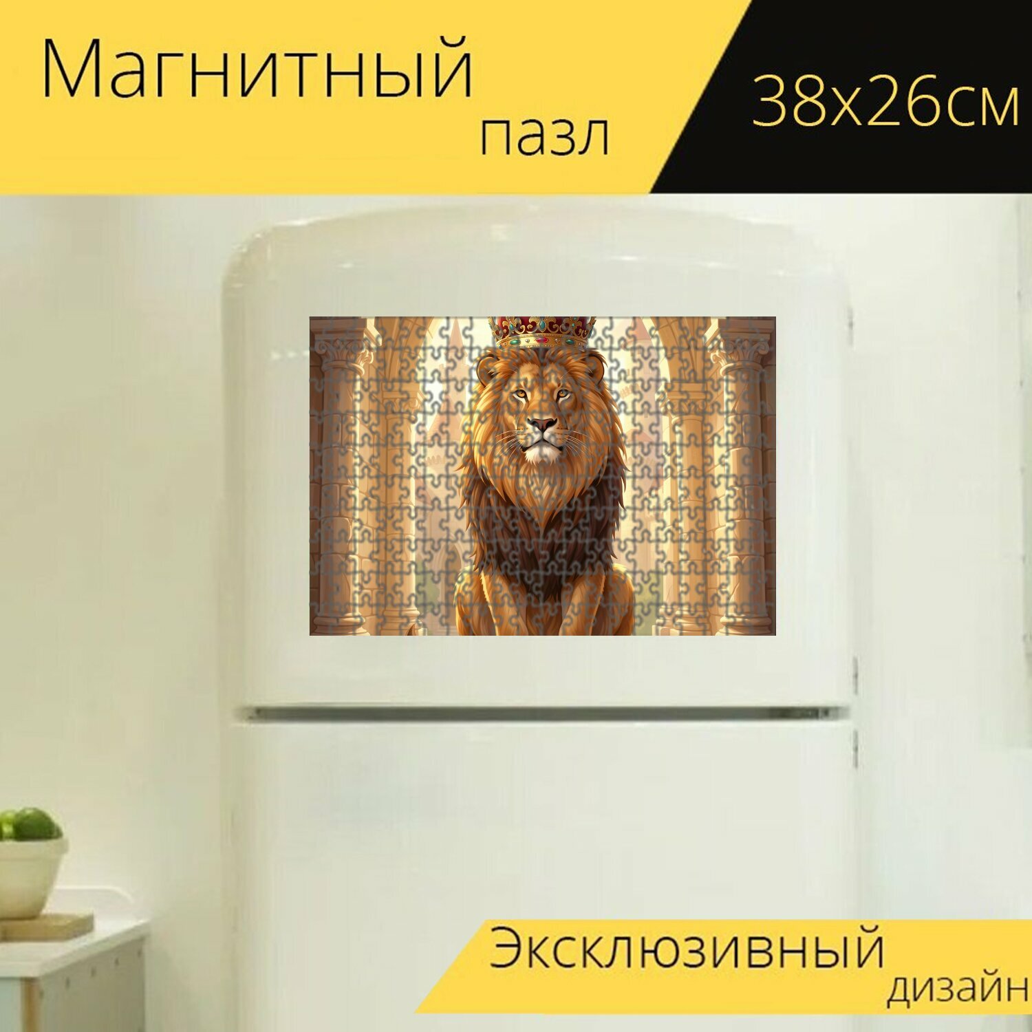 Магнитный пазл "Лев в короне в замке. Величественный хищник с роскошной гривой сидит под каменными арками на фоне сказочного дворца, золотистые тона." для интерьера, 38х26 см.