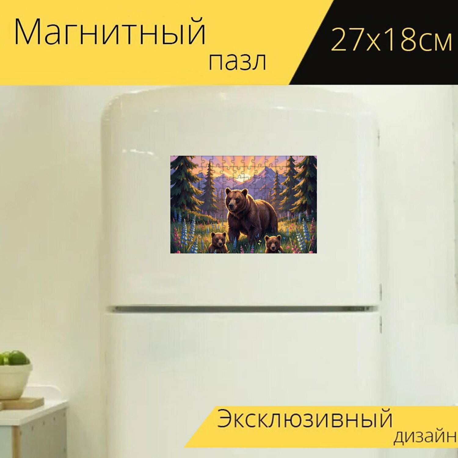 Магнитный пазл "Медведица с медвежатами в горах. Семья бурых зверей на цветущем альпийском лугу среди елей, на фоне рассветного солнца и горных вершин." на холодильник 27 x 18 см.