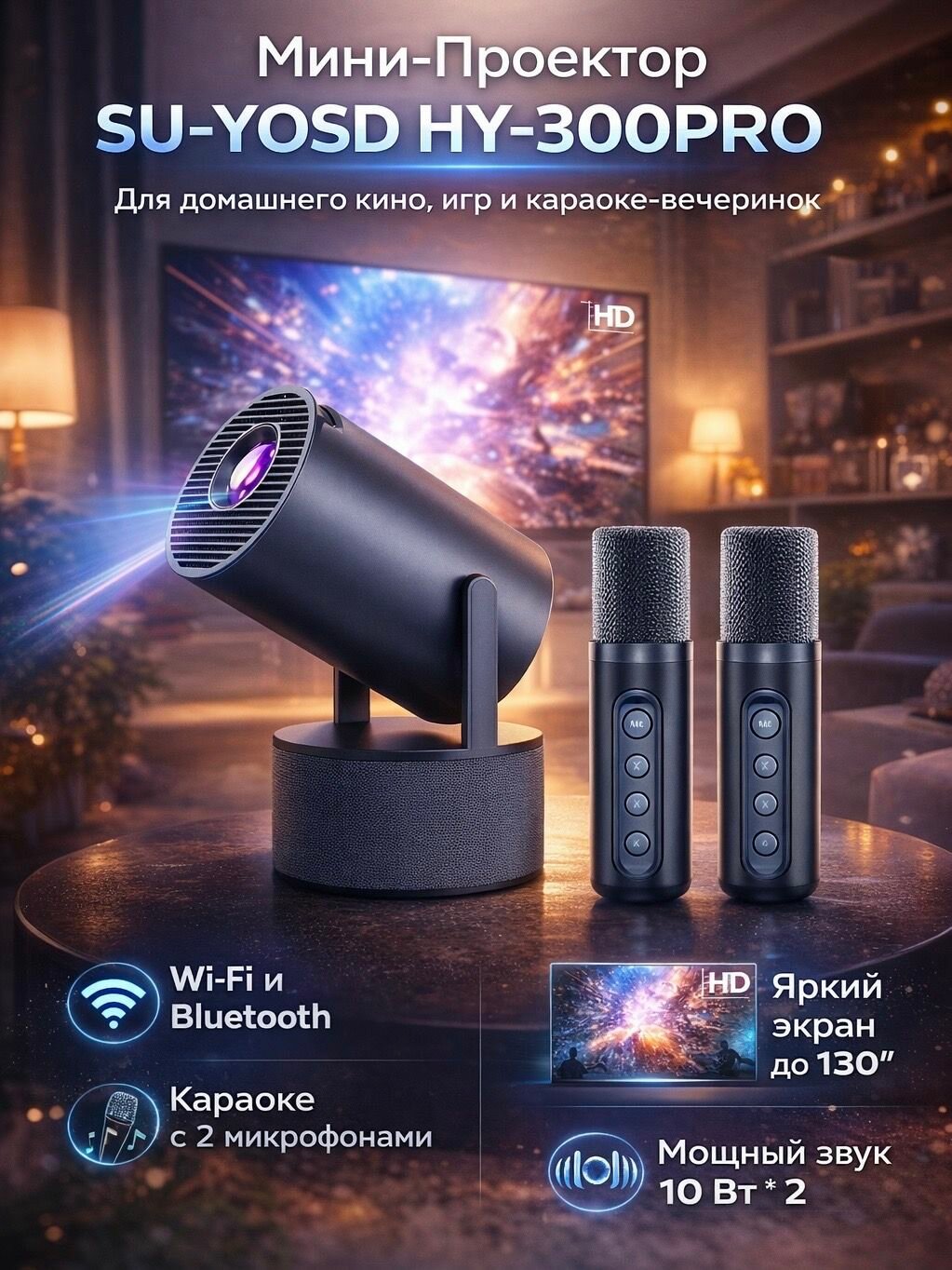 Проектор для фильмов и игр с караоке микрофонами Android, Wi-Fi, Bluetooth SU-YOSD HY-300PRO KTV Черный